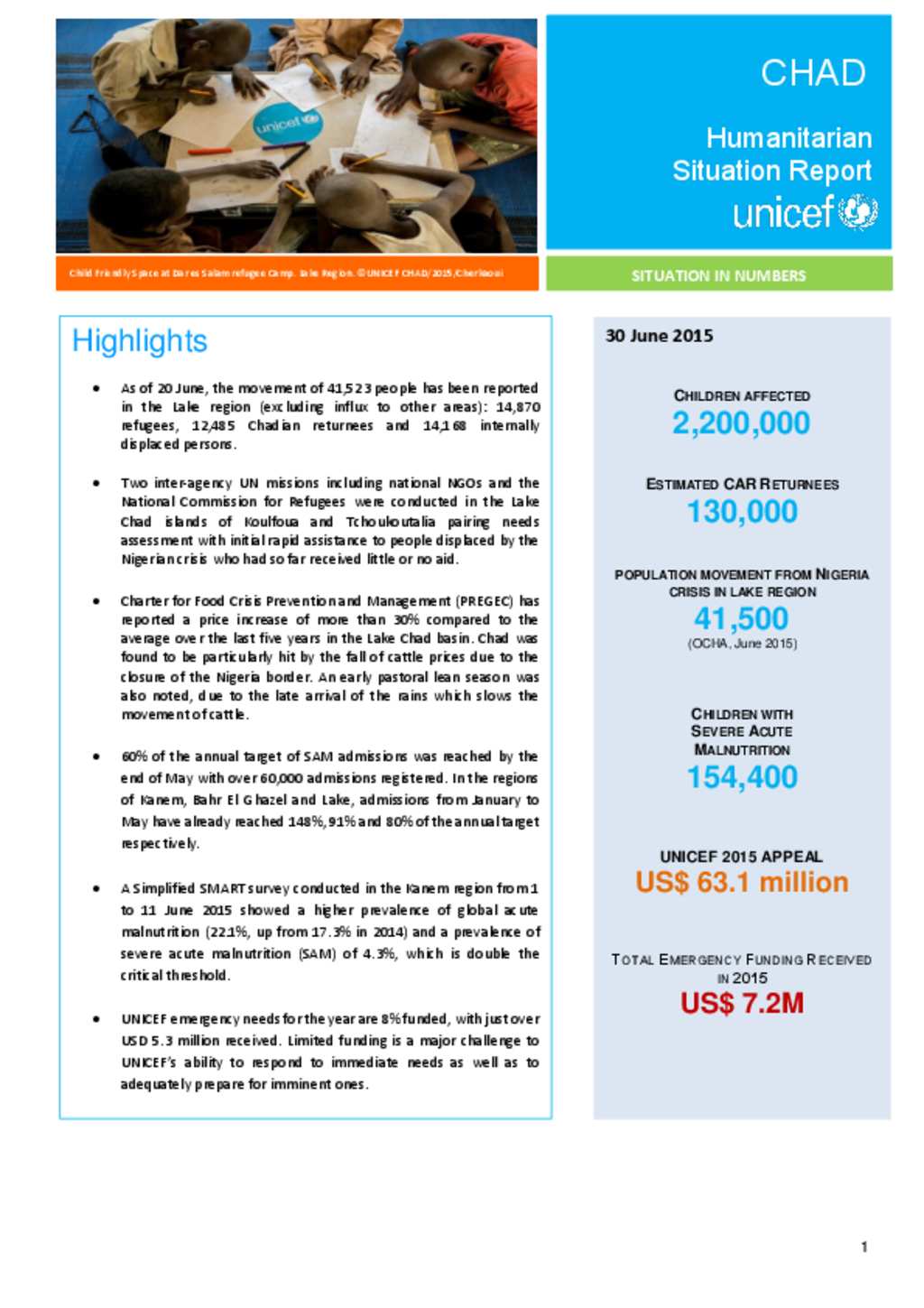 Document - UNICEF Chad Humanitarian Situation Report, 30 June 2015
