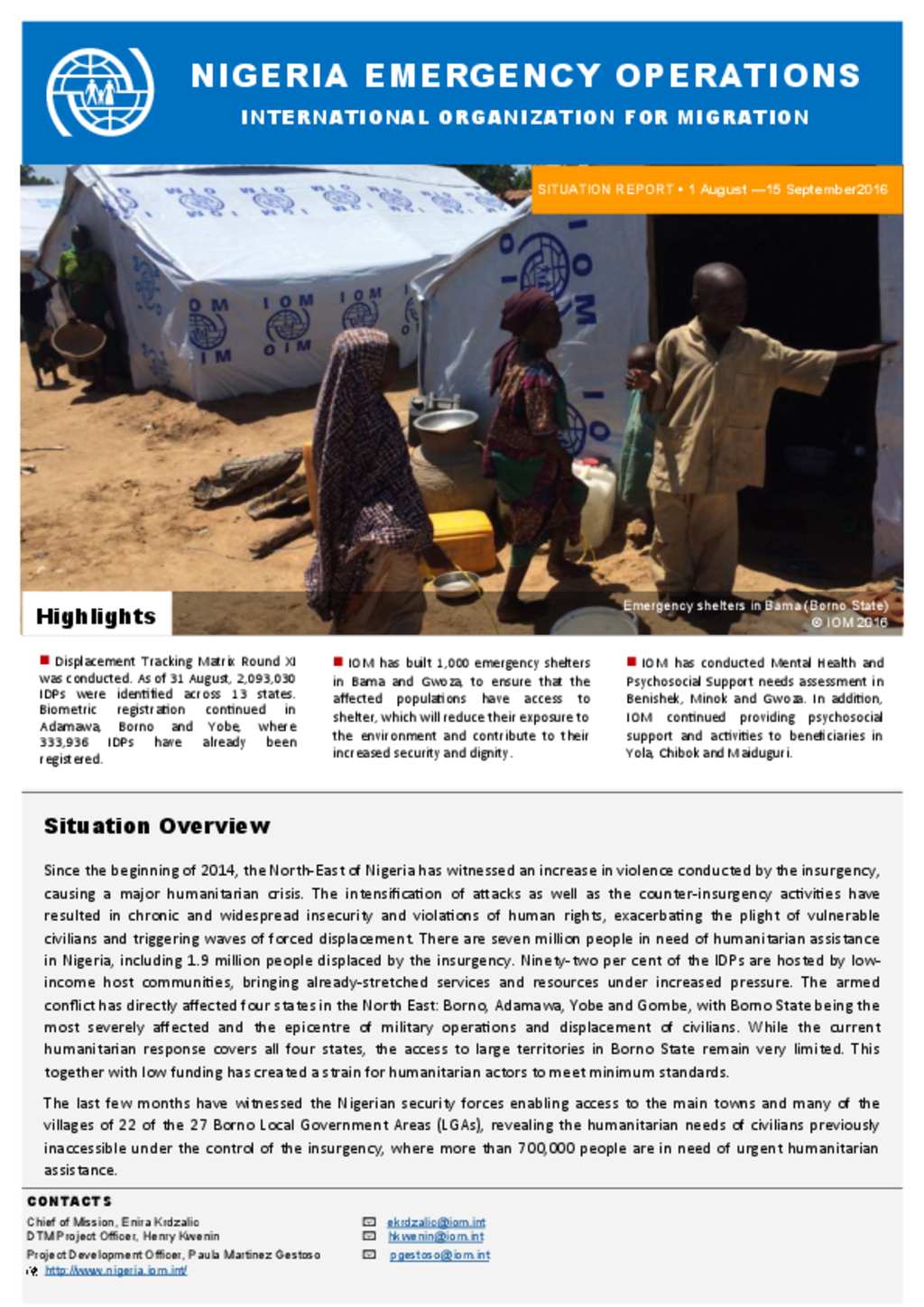Document - IOM Nigeria Emergency Operations Sitrep 1 Aug-15 Sep 2016